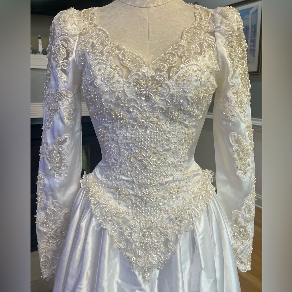 Dresses | Vintage 8s 90s Beaded Sequin Pearl Embellished Satin Wedding ...